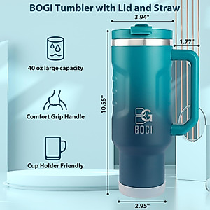 BOGI 40 oz Tumbler with Handle and Straw, 2 in 1 Lid Stainless Steel Tumbler with Lid and Straw Leak Proof Insulated Tumblers Reusable Travel Coffee Mug Cupholder-Friendly Travel Mug | Blue Dark Blue