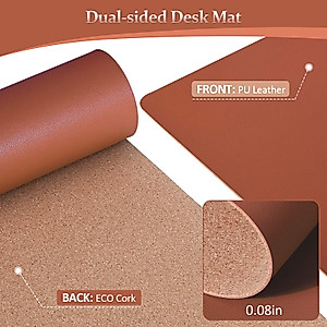LOLLIDO Natural Cork & Leather Dual Sided Desk Pad, 36" x 17" Waterproof PU Leather Desk Writing Mat, Large Mouse Pad Desk Protector(Cork+Brown)