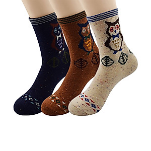 American Trends Women's Winter Thick Warm Athletic Crew Socks Cute Animal Vintage Style Wool Knitting Sock 3 Pack Owl