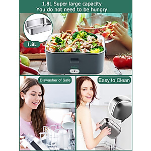 Buddew Electric Lunch Box 80W Food Heater 1.8L Large Capacity Heated Lunch Box 3 in 1 12V/24V/110V Portable Lunch Warmer for Car/Truck/Home/Office with Carry Bag and Fork and Spoon (Gray+Green)