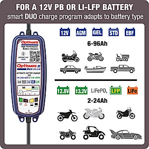 Tecmate Optimate 2 Duo, TM-551, Bronze Series: 5-Step 12V / 12.8V 2A Sealed Battery Charger & maintainer, Blue