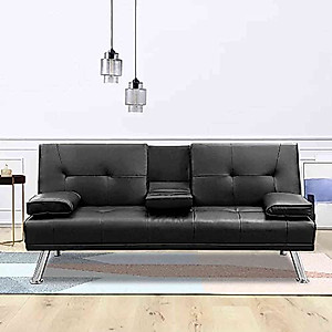 ATY Futon Sofa Bed, Convertible Folding Lounge Couch with 2 Cup Holders, Removable Soft Armrests and Sturdy Metal Legs, Faux Leather Furniture, for Bedroom, Meetingroom, Guestroom, Black