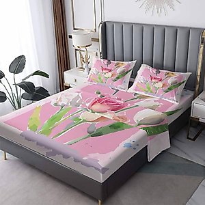 zcsm Tulip Sheets Full Size Sheet Sets - Floral Bed Sheets, Soft Microfiber & Deep Pocket & Wrinkle Free Patterned Bedding Sheets & Pillowcases, 4 Piece (1 Fitted Sheet, 1 Flat Sheet, 2 Pillow Cases)