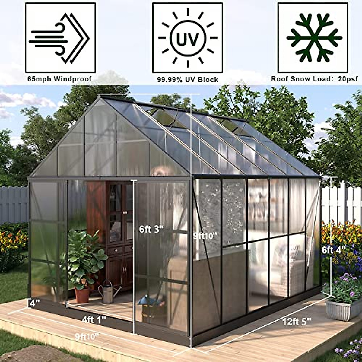 AMERLIFE 12x10x10 FT Polycarbonate Greenhouse 2 Sliding Doors 4 Vents Walk-in Premium Professional Greenhouse Storage Shed Sunroom Aluminum Large Hot House for Outdoor Garden Backyard Matte Black