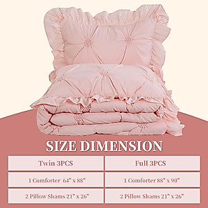 HOMBYS Pink Bedding Comforter Set for Girls, 3 Piece Blush Pinch Pleat Comforter Set with Ruffles for All Season，Twin Size