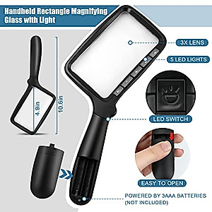 Folding Handheld Magnifying Glass with Light, 3X Large Rectangle Reading Magnifier with Dimmable LED for Seniors with Macular Degeneration, Newspaper, Books, Small Print, Lighted for Low Visions Black