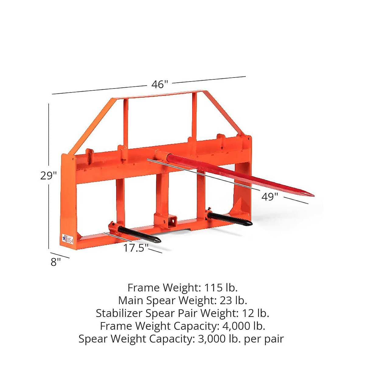 Titan Attachments UA USA Made Orange Hay Frame Attachment, 49" Hay Spear and Stabilizers, Rated 4,000 LB