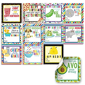 Happy Birthday Food & Animal Themed Gift Tag Stickers, Set of 24 2.5 X 2.5 Mixed Square Birthday Gift Labels by Amanda Creation