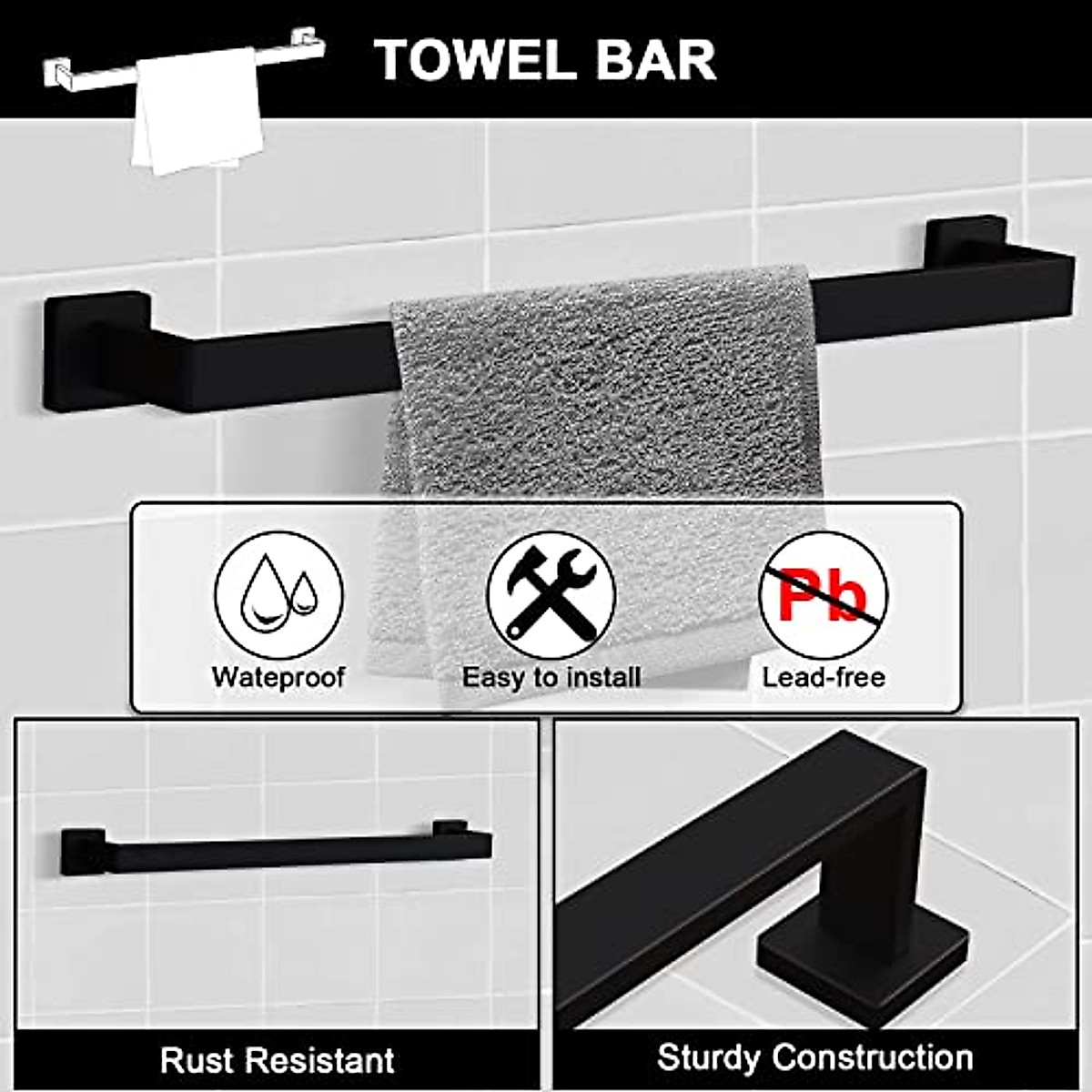 EWFEN Bathroom Hardware Accessories Set 5 Pieces Matte Black Towel Bar Set Wall Mounted, Stainless Steel, 23.6-Inch