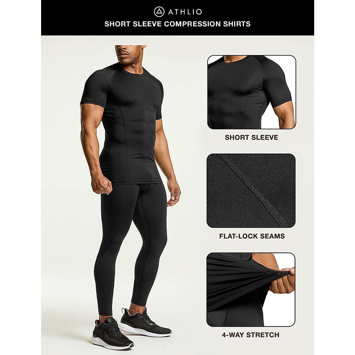 ATHLIO Men's Cool Dry Short Sleeve Compression Shirts, Sports Baselayer T-Shirts Tops, Athletic Workout Shirt, 3pack Tops Black/Black/Black, Small