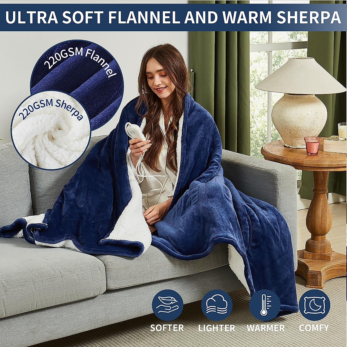 JKMAX 50"x60" Heated Throw Blanket - 10 Heat Settings, 5 Levels, Auto-Off, Overheat Protection, Soft Flannel Sherpa, ETL Certified