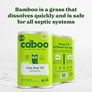 Caboo Tree Free Toilet Paper, Tree Free, Septic, Chemical Free Bath Tissue - 2 Ply Sheets, 300 Sheets Per Roll, 12 Double Rolls