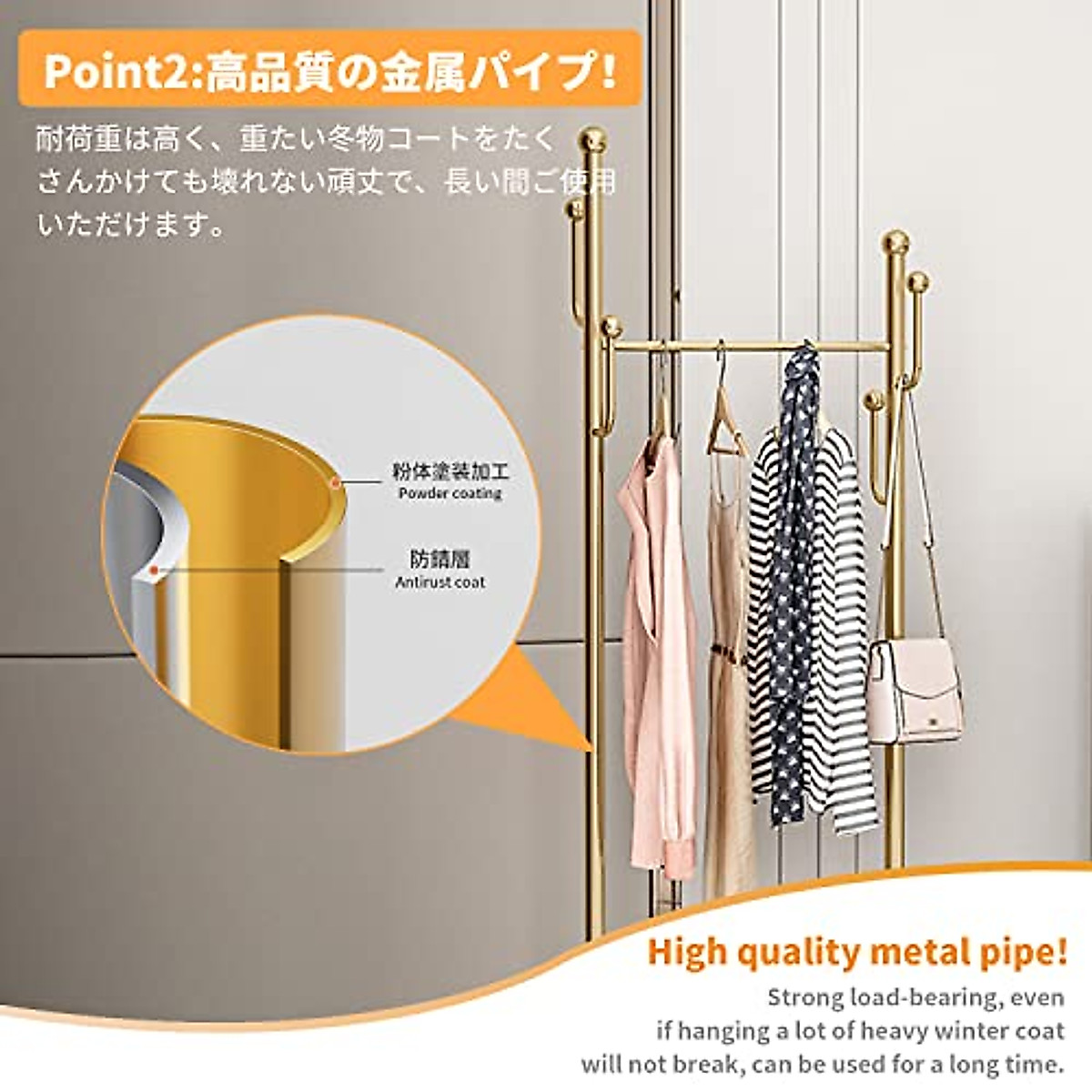 BOOSDEN Clothing Rack, Metal Clothes Hanger Rack with Wheels and Hooks, Portable Rolling Garment Rack for Hanging Clothes, Golden Yellow