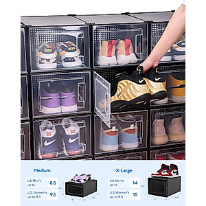 FINESSY Shoe Storage Shoe Organizer Cabinet, 12 Pack Medium Shoe Rack Closet Organizer and Storage Bins, Black Shoe Container Stackable Shoe Boxes Clear Plastic Stackable Shoe Holder