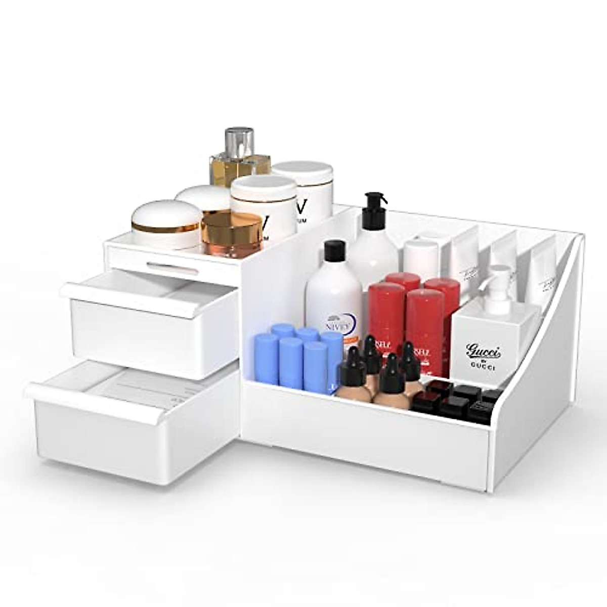 VZINO Drawer Makeup Organizer for Vanity, Large White Desk Organizer for Cosmetics, Skincare, or Stationery, Perfect for Bedroom and Office Countertops