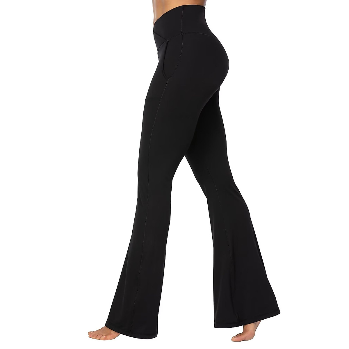 Sunzel Flare Leggings for Women with Pockets, Crossover Yoga Pants with Tummy Control, High Waisted and Wide Leg 32" Midnight Medium