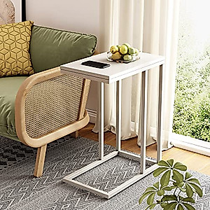 WLIVE Side Table, C Shaped End Table for Couch, Sofa and Bed, Large Desktop C Table for Living Room, Bedroom, Creamy White and Black