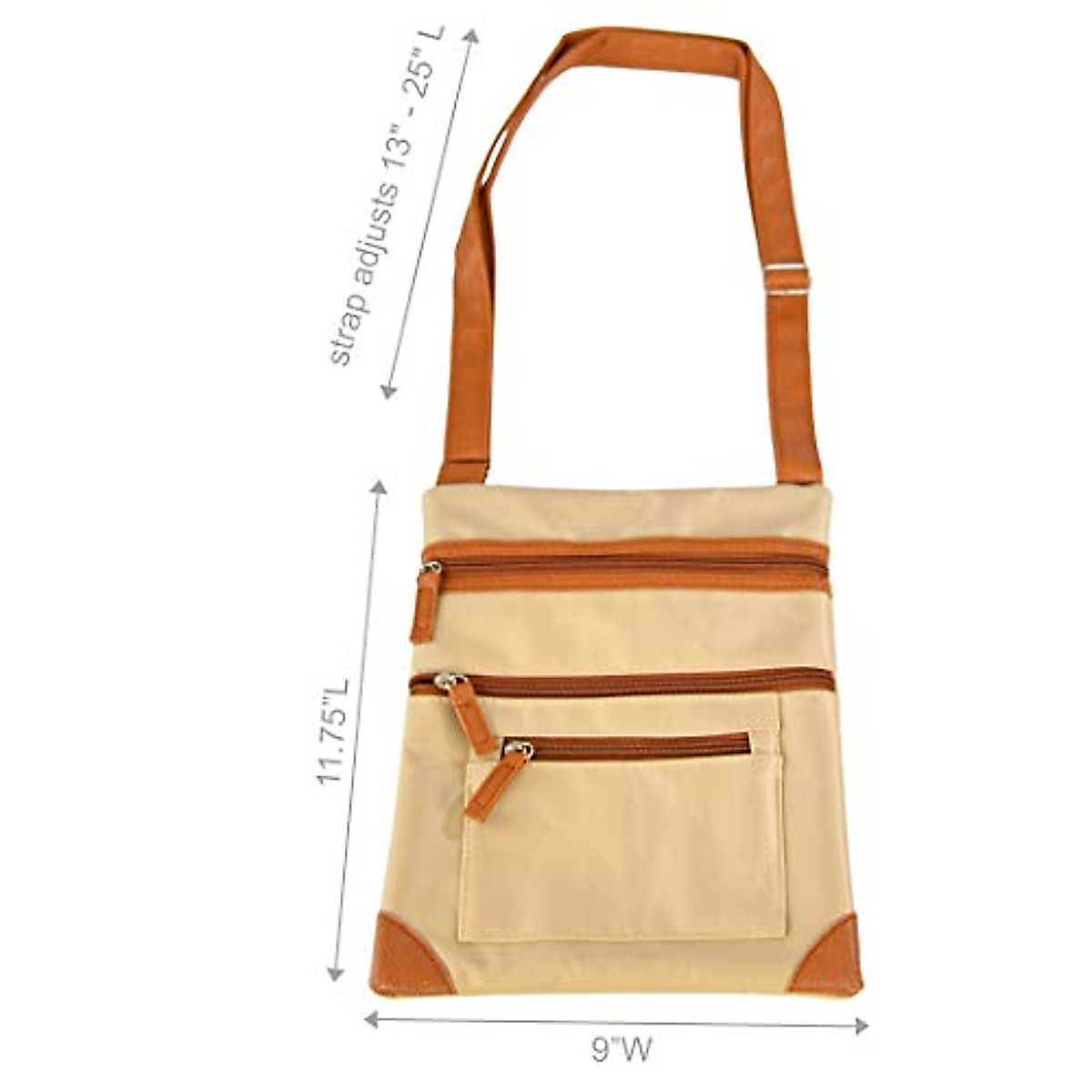 Home-X Crossbody Purses for Women, Shoulder Strap Bag with Zipper Pockets, Nylon Side Body Crossover Purse, 11 ¾" L x 9" W, Beige