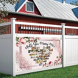 MEFENG Will you marry me Photo Backdrop Banner-Rose and Love shape Sign Photo Banner-Proposal Announcement Engagement Wedding Bridal Shower Party Decor-Indoor Outdoor Photo Backdrop Banner.6*3.6feet