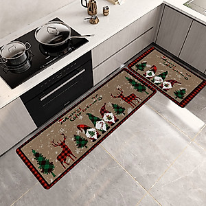 Subently Christmas Kitchen Mats Anti Fatigue Set of 2 Deco Gnome Kitchen Runner Floor Mats Non-Slip Area Carpets Christmas Tree Deer Kitchen Runner Set Country Farmhouse Washable Doorway Sink Bathroom