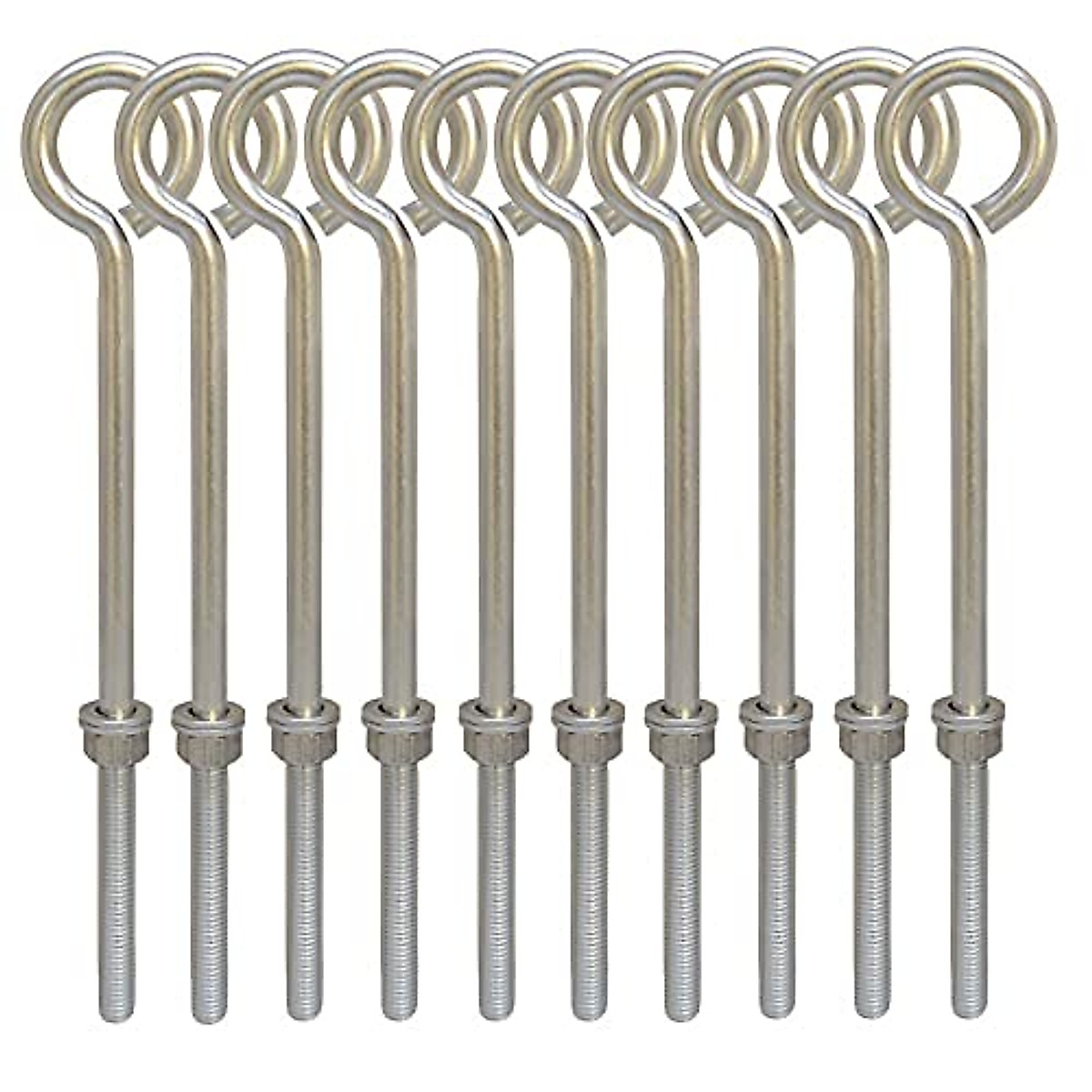 10 PC 3/8" x 12" Stainless Steel Forge Style Marine Wire Turned Eye Bolt Nut Washers 140 Lb Cap.