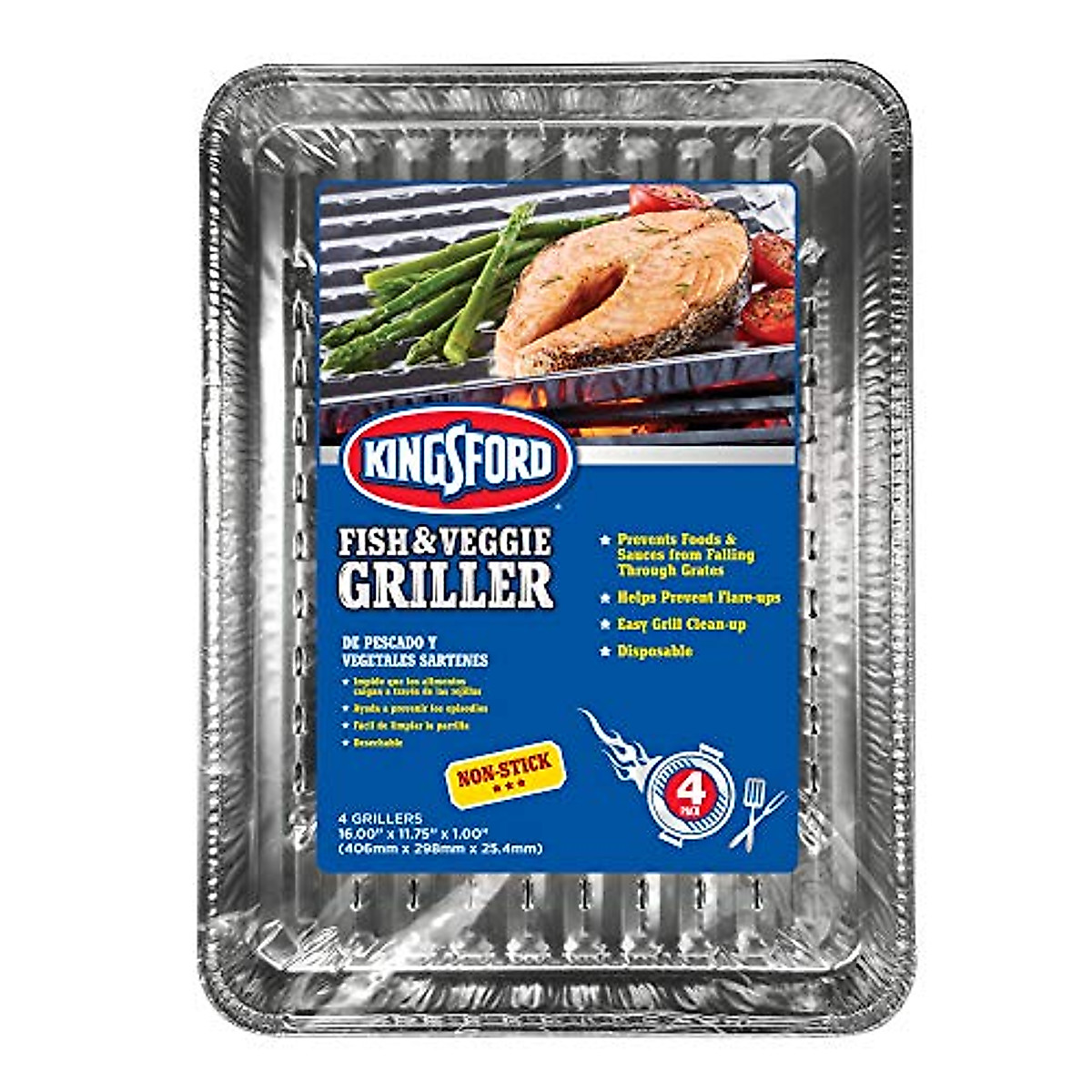 Kingsford Grilling Fish & Veggie Griller, Non-Stick Aluminum Grill Liner, Prevents Food from Falling through Grill Grates, 16" x 11.75" x 0.88", Pack of 4, Model: 6119994300