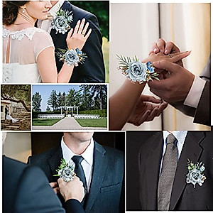 lengenyen 2pcs Airy Blue Corsage and Boutonniere Set, Artificial Rose Wedding Wrist Flower and Men's Boutonniere for Wedding Ceremony Anniversary Formal Dinner Party