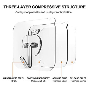 NileHome Adhesive Hooks for Hanging 12 Packs Heavy Duty Wall Hooks Reusable Removable Waterproof Bathroom Hooks Transparent Sticky Hooks for Kitchen Glass Door