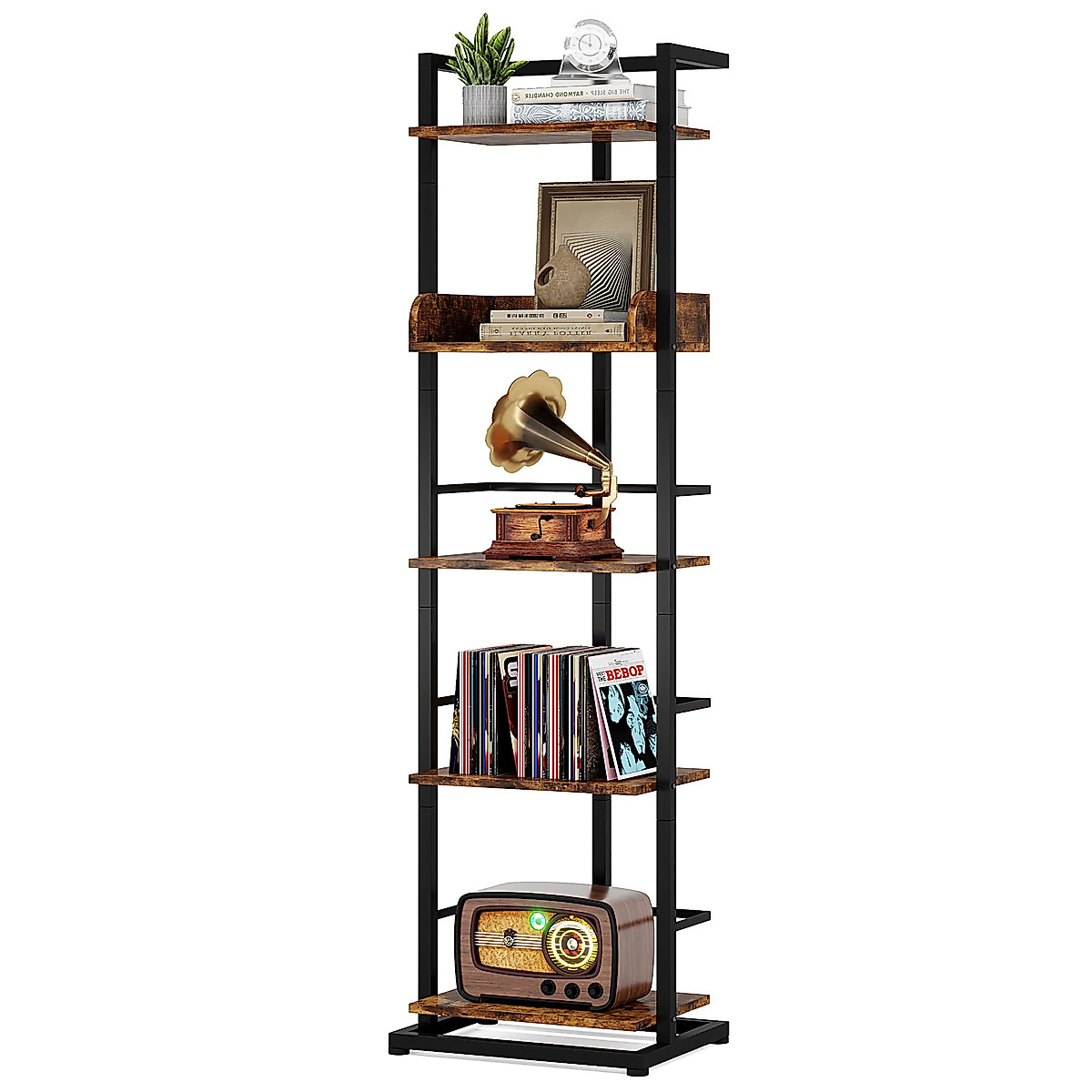 Hosfais Book Shelf Narrow Bookshelf: 5 Tier Wood Bookcase with Metal Edge Protection Industrial Modern Bookshelf Book Storage Organizer for Living Room Bedroom Home Office (Rustic Brown)
