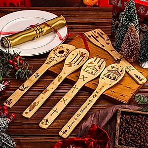 5 Pieces Burned Cooking Utensil Spoon Christmas Wooden Spoons Set Christmas Kitchen Decoration for Christmas Gift House Present Supplies (Religious Style)