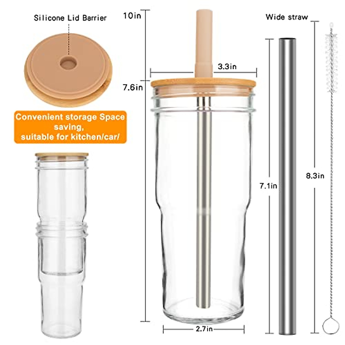 Cafezi 24oz Mason Jar Drinking Glasses with Bamboo Lids and Straws 2 Pack，Reusable Boba Cup Smoothie Tumbler Glass Bubble Tea Cup，Iced Coffee Cup，BPA Free, Dishwasher Safe