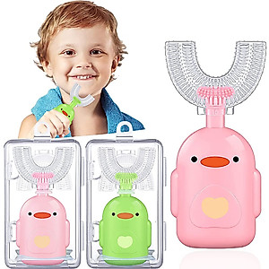 AMZVIO 2Pack U shaped toothbrush kids,Toddler Toothbrush 4PCS Replaceable Silicone Food Grade Brush Heads,Childrens Whole Full Mouth Tooth Brush for Kids Toothbrushes Age 2-8(Pink+Green)