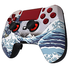 HEXGAMING HYPER Wireless Controller Compatible with ps4-4 Back Buttons, Triggers stop, Interchangeable Thumbsticks - The Great Wave Red
