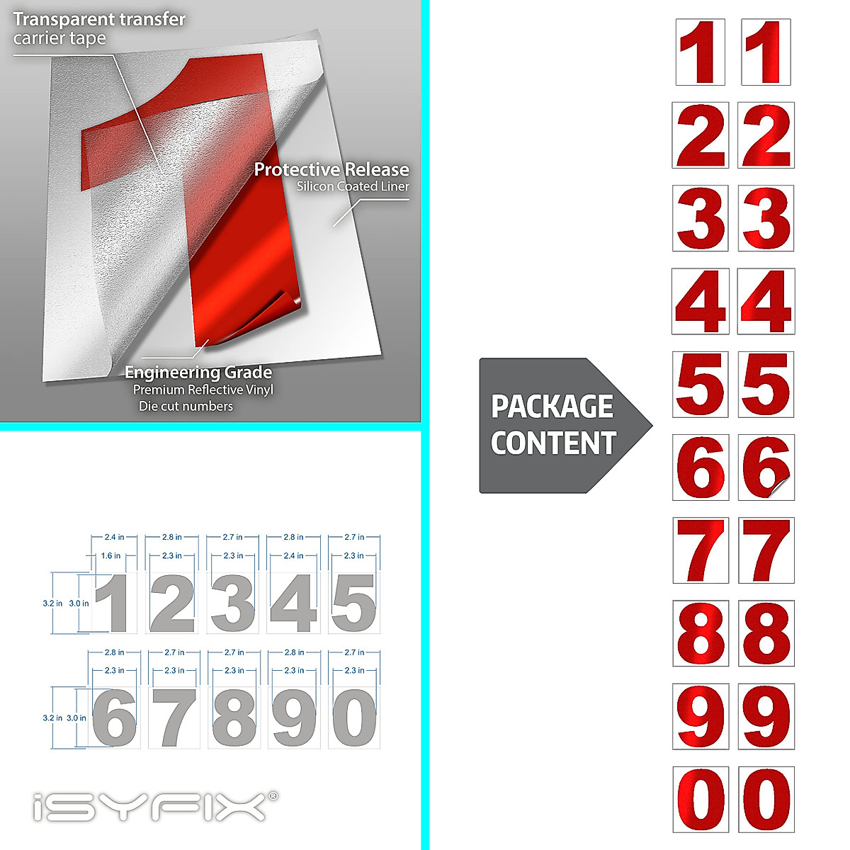 iSYFIX Reflective Red Vinyl Numbers Stickers – (2 Sets) 3 Inch – Premium Self-Adhesive Decal Die Cut and Pre-Spaced for Mailbox, Signs, Window, Door, Cars, Trucks, Home, Business, Address Number
