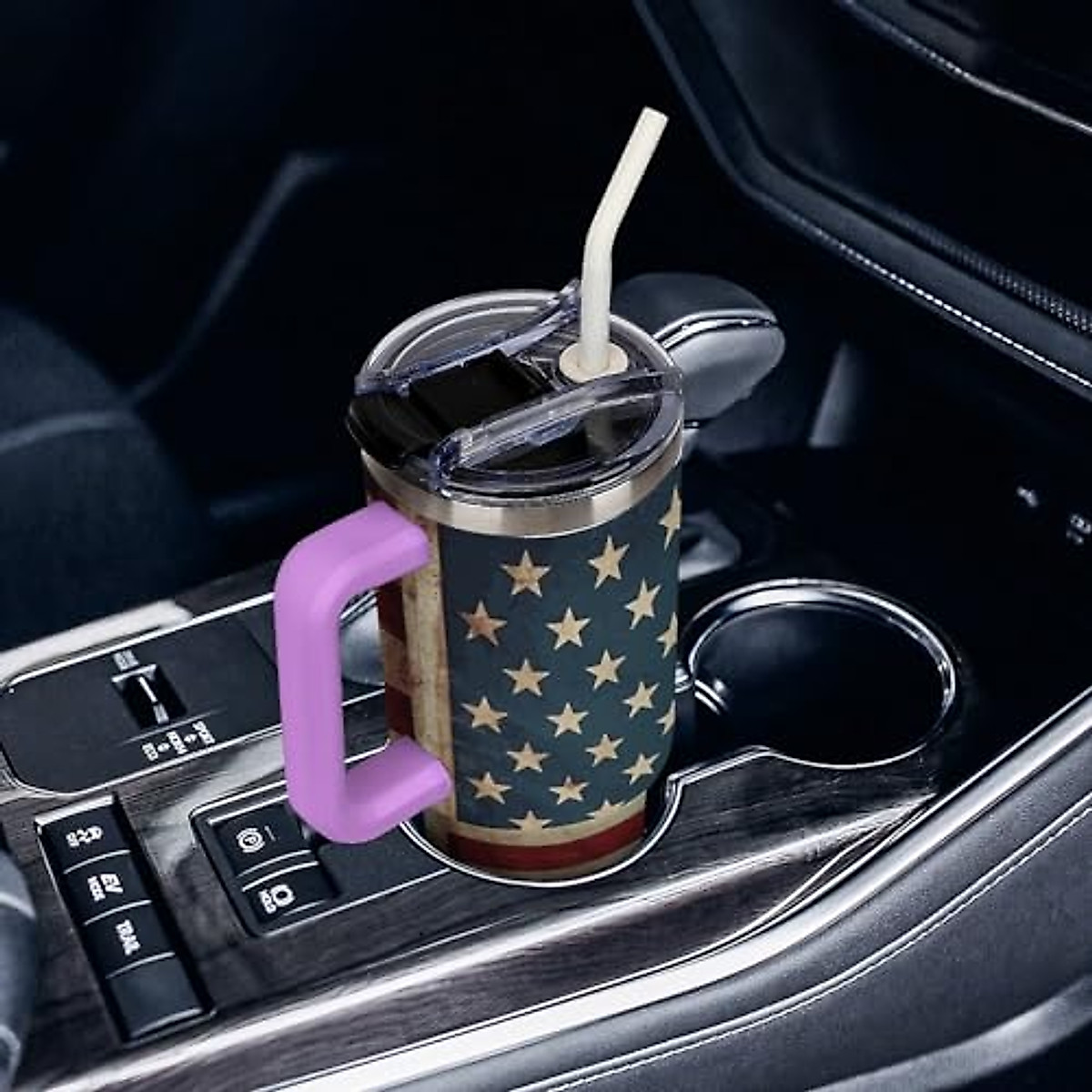 LLUTSNTH 40 Oz Vacuum Tumbler with Violet Handle Leakproof Insulated Tumbler Vintage American USA Flag Stainless Steel Travel Mug with Lid And Straw Coffee Cup Cute Water Bottles Cup Holder Friendly