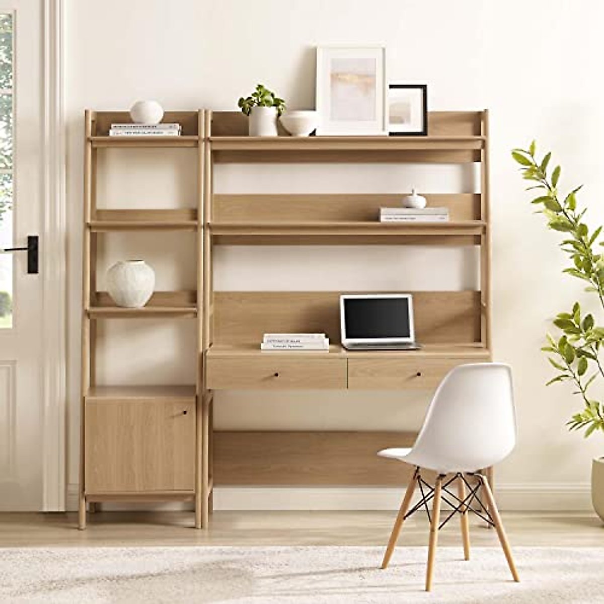 Modway 2-Piece Home Office Desk and Bookshelf Display Case in Oak