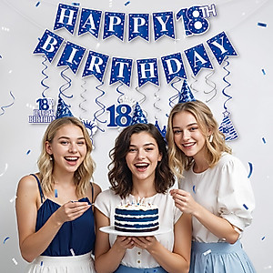 Vicycaty PRE-STRUNG 18th Birthday Decorations for Men, Happy 18th Birthday Banner Hanging Swirls Honeycomb Centerpieces Tabletop Blue, 18 Years Old Birthday Party Photo Booth Backdrop Decor Supplies