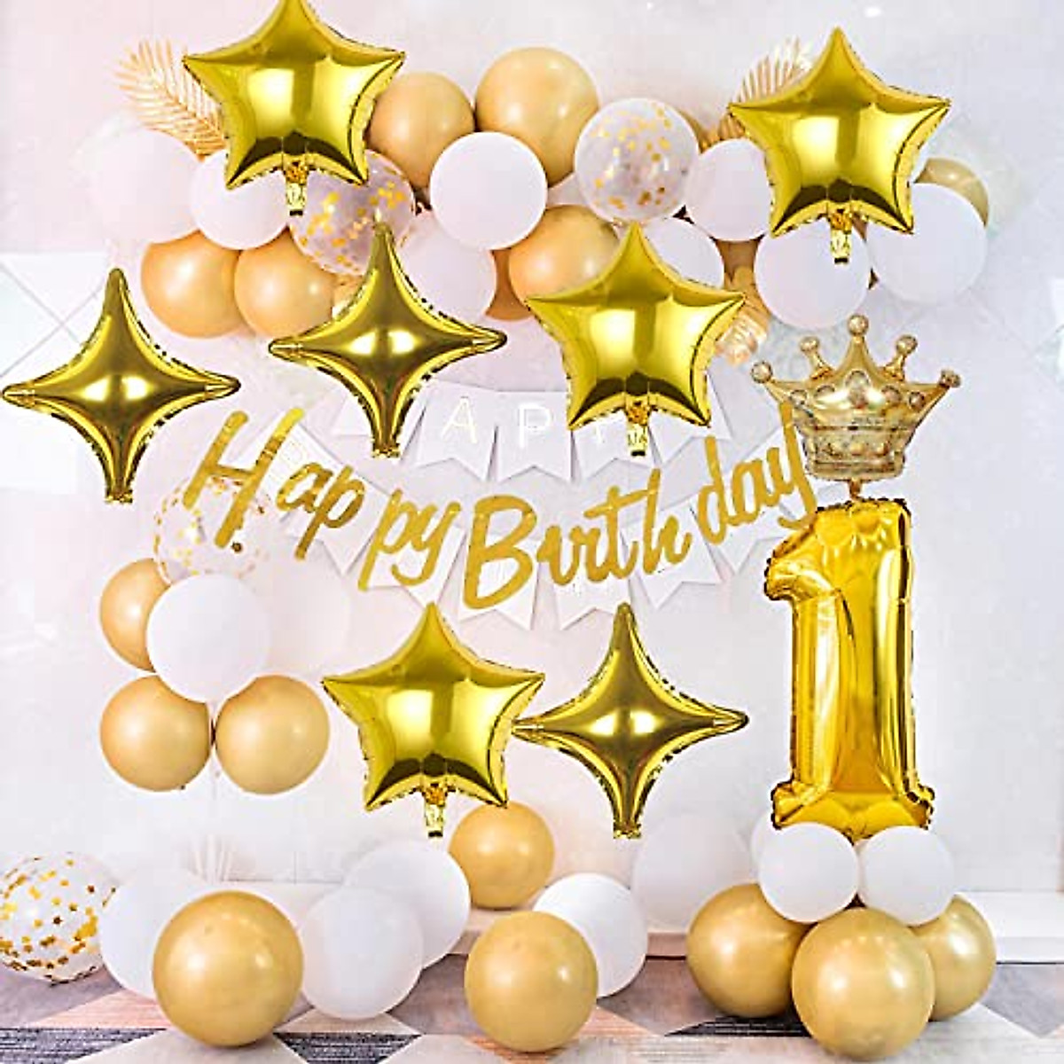 WEIKA 1st Birthday Decorations First Birthday Party Kit 32 Inch Number 1 Balloon 3D Letters Happy Birthday Banner Crown Foil Balloon Star Aluminum Ballons For Baby Shower Boys Girls Birthday(Gold)