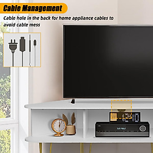 Corner TV Stand with 3 Open Divided Storage, Corner TV Console with Metal Feet and Anti-Slip Pads, Corner Entertainment Stand with Cable Hole, White
