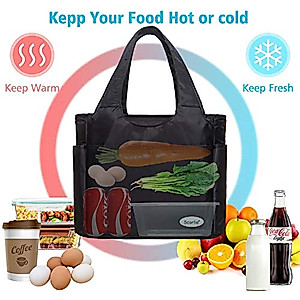 Scorlia Insulated Lunch Shoulder bag, Extra Large Lunch Tote Handbag, Durable Reusable Cooler Ladies lunch Box Bag with Side pockets, Tall Drinks Holder for Women Men Work, Black