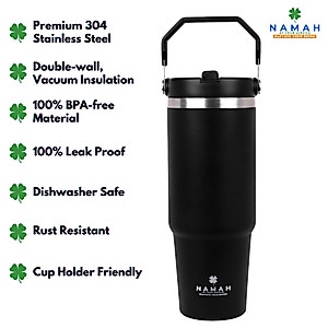 30 oz Stainless Steel Vacuum Insulated Tumbler with Handle Lid and Straw Leak and Spill Proof Travel Tumbler Cup with 2 Lids and Teddy Straw Cap Water Tumblers for Women and Men 890 ml