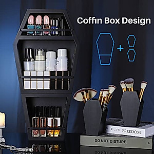 Homde Large Makeup Coffin Shelf with 2 Coffin Brush Holders Solid Wood - 3 Shelf Coffin Holder for Gothi Decor - Free Standing/Wall Hanging Spooky Coffin Decor for Bedroom or Bathroom