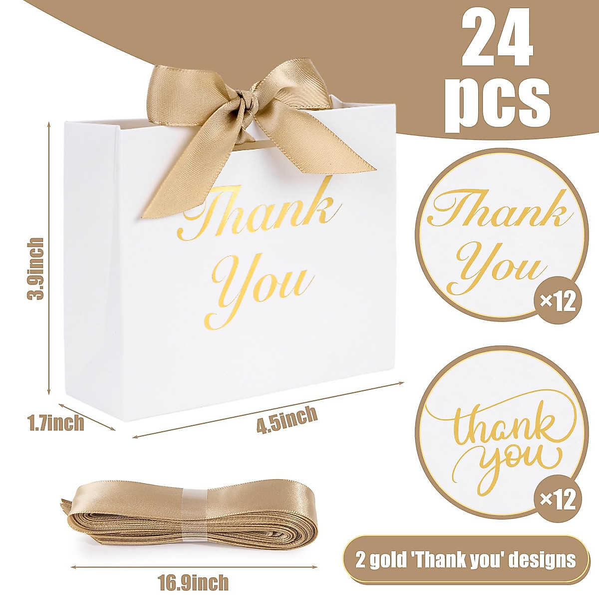 VGOODALL 24PCS White Thank You Gift Bags, Party Favor Bags with Bow Ribbon Mini Gift Boxes Bulk Candy Bags for Birthday Wedding Party Bridal Shower