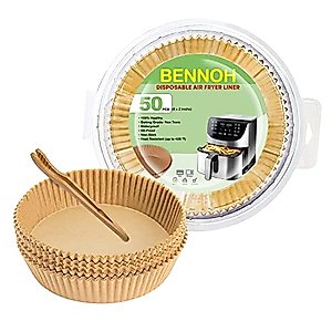 Air Fryer Disposable Liners: 50 pack, 7.9 Inches Disposable air fryer liners with Bamboo Tong. Round paper liners for air fryer basket, large size.
