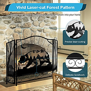 IRONWALLS 3-Panel Folding Fireplace Screens Decorative, 47.6” x 31.4” Metal Bear Fireplace Screens Fire Screen Gate Fence Spark Guard Kid Proof, Heavy Duty Fireplace Screen Black for Home Farmhouse