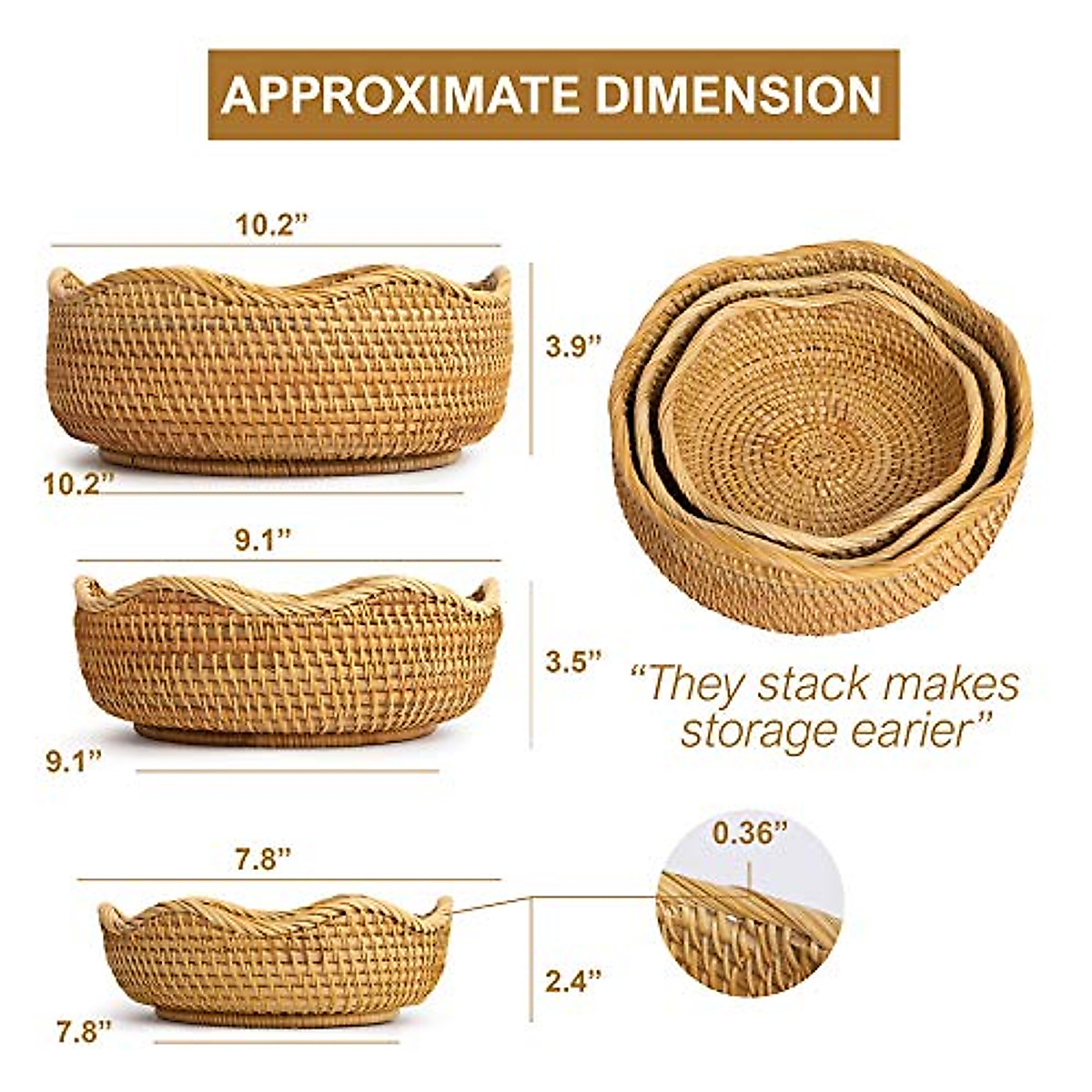 CLAYNIX Woven Fruit Basket For Storage Key Holder Bowl Decorative Wall Bread Vegetable 3 Serving Bowl Set For Organizing Kitchen Natural Rattan Picnic Basket Curve Stackable Set of 3 (Wave)