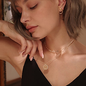 MEVECCO Gold Birth Flower Coin Necklace for Women Paperclip Chain Choker Layered Set Embossed Disc March Daffodil Pendent 18K Gold Plated Dainty Satellite Chain Birthday Jewelry for Her