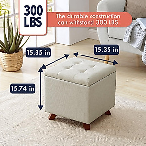 Ornavo Home Linen Tufted Square Storage Ottoman with Lift Off Lid, Ottoman with Storage for Living Room, Bedroom and Office, Beige