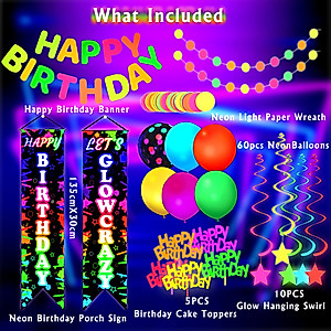 Glow in The Dark Birthday Party Decorations Supplies, Neon Birthday Party Decorations with Neon Balloons Garland,Porch Party Sign Let's Glow Crazy for Glow in The Dark Party supplies, Neon Party Decor