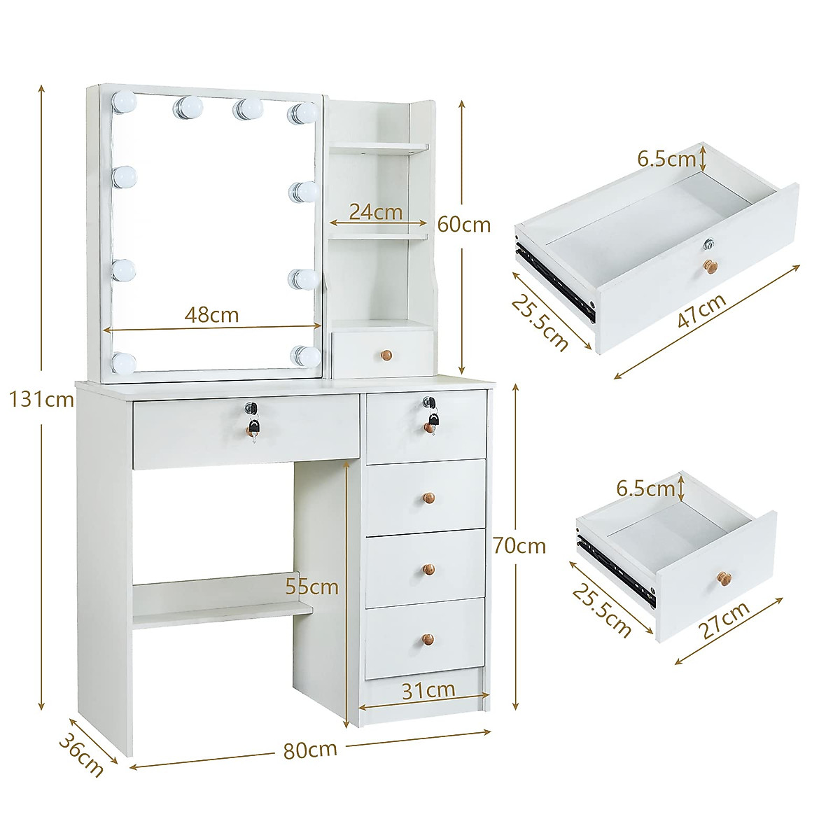 Abesthink Makeup Vanity Table with Drawers, Vanity Desk Set with Shelves, Dresser Desk and Cushioned Stool Set White for Gitls Women